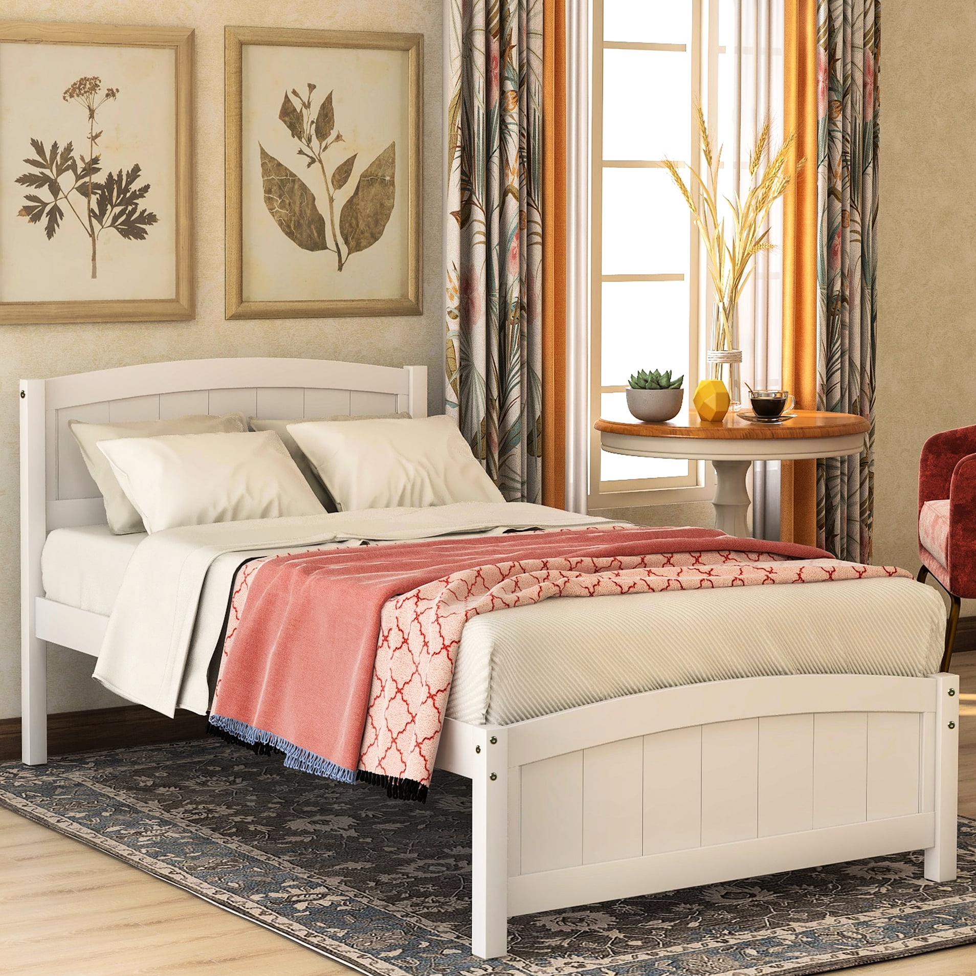 Classic White Wood Slat Platform Bed With Headboard And Elegant Solid ...
