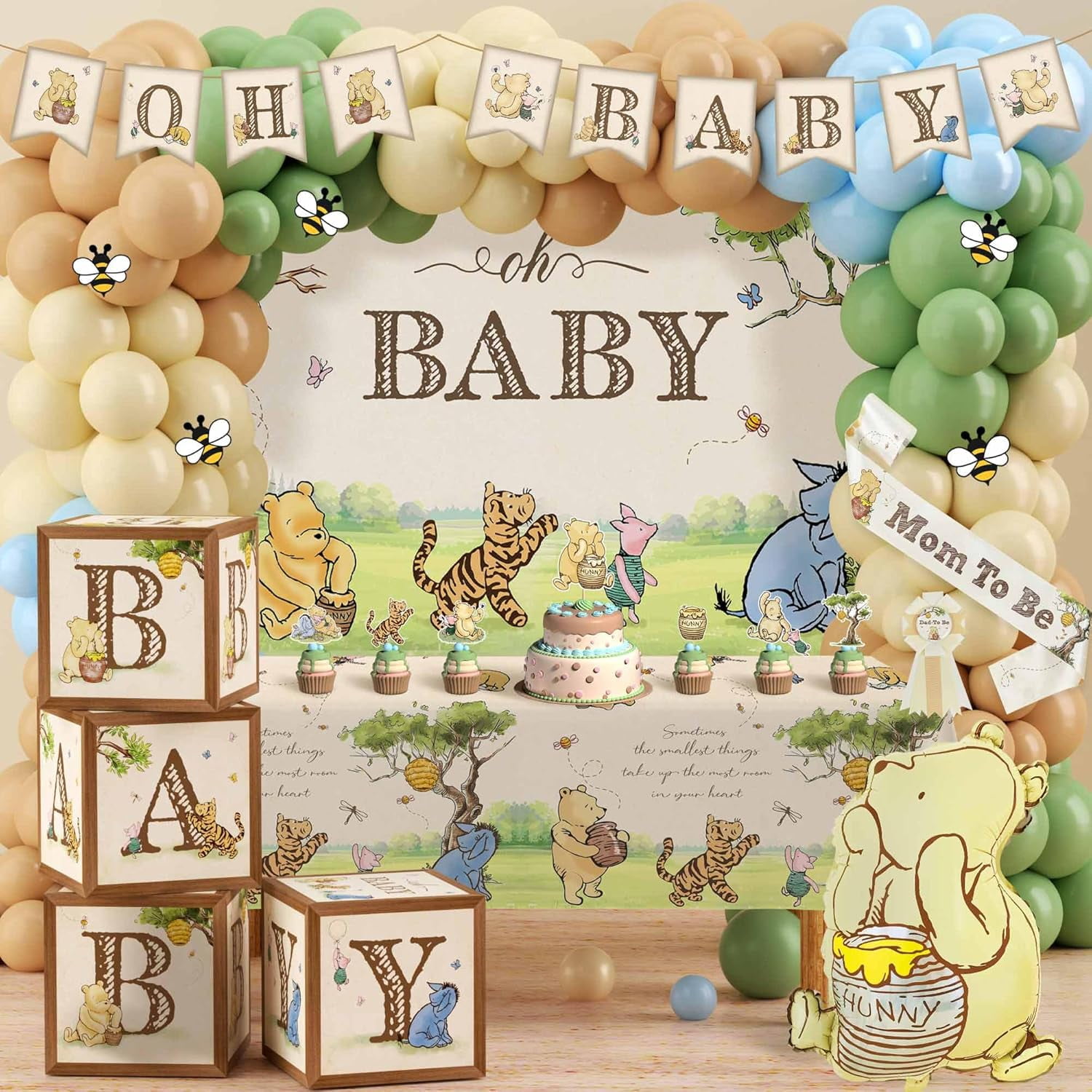 Classic Winnie Bear Baby Shower Decorations, Neutral All-In-One Pooh ...