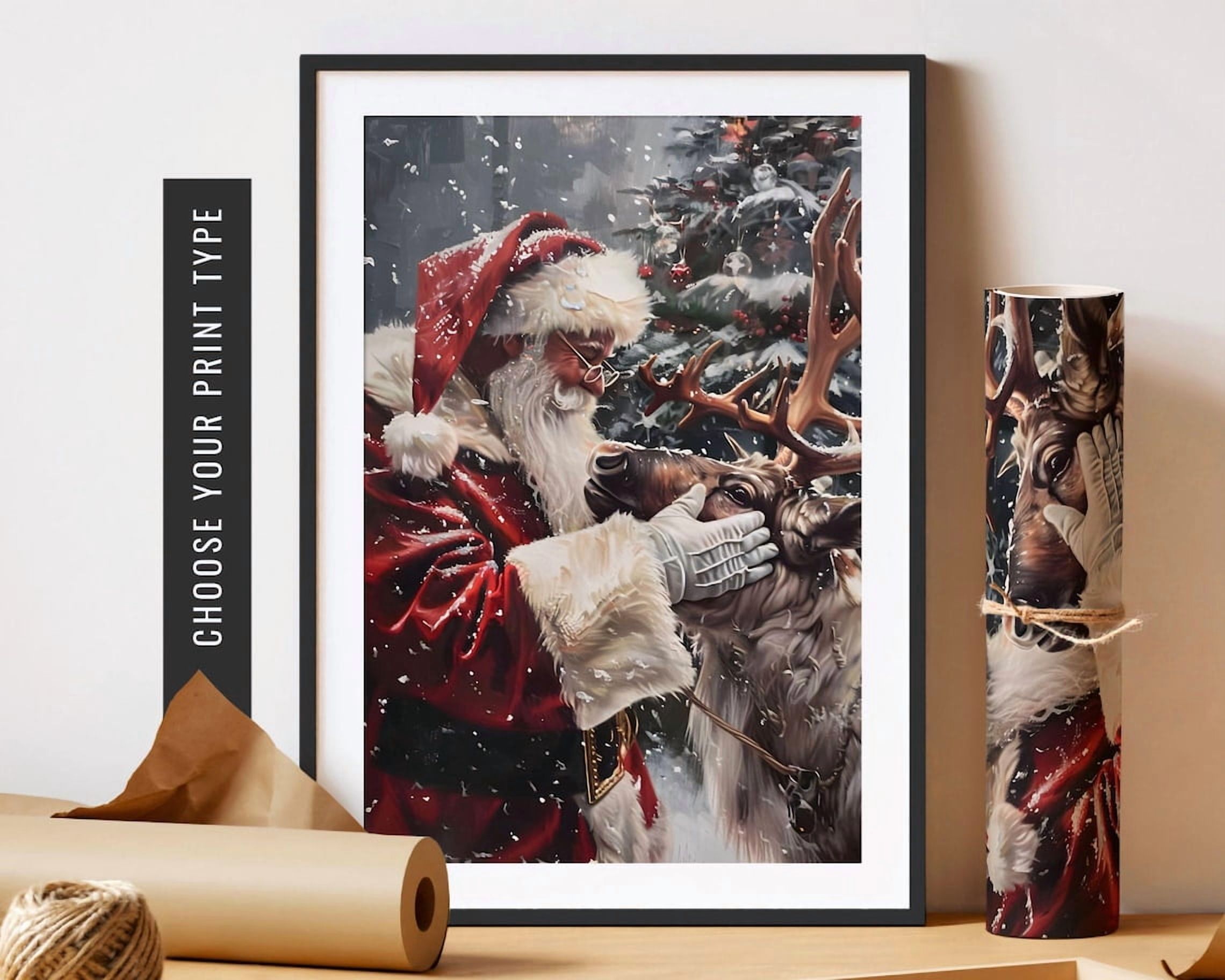 Classic Winter Poster Santa Claus & Reindeer Art Moody Winter Wall Art ...