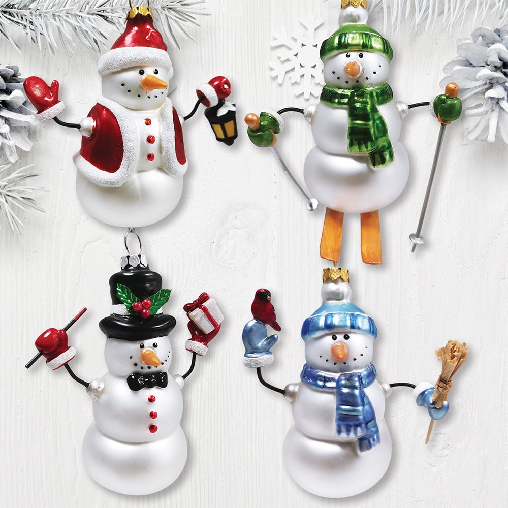 Classic Winter Snowman Set of 4 Glass Christmas Ornaments, Nostalgic ...