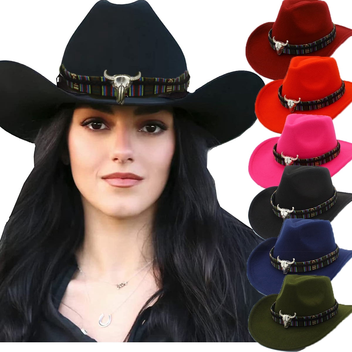 Classic Felt Material Women's Western Cowboy Cowgirl Hats with Wide ...