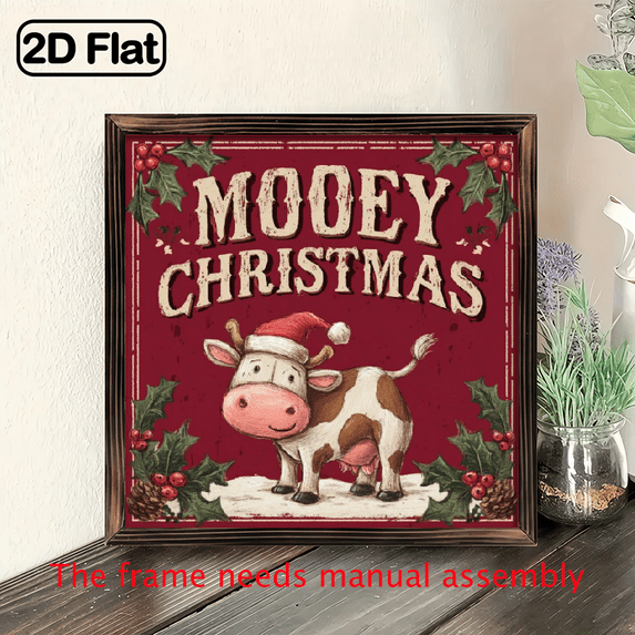 Classic Wooden Cow Christmas Wall Hanging Sign - 8x8 Inch Rustic ...