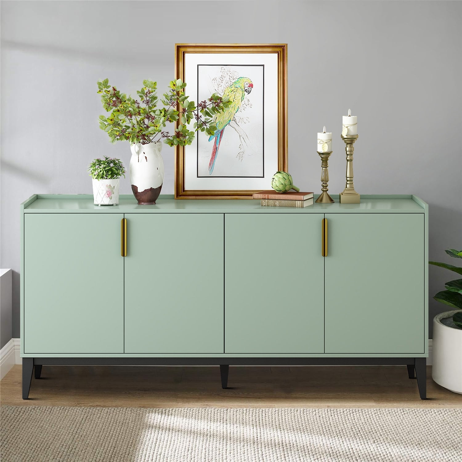 Classic Wooden Sideboard with Solid Rubberwood Legs Green - Walmart.com
