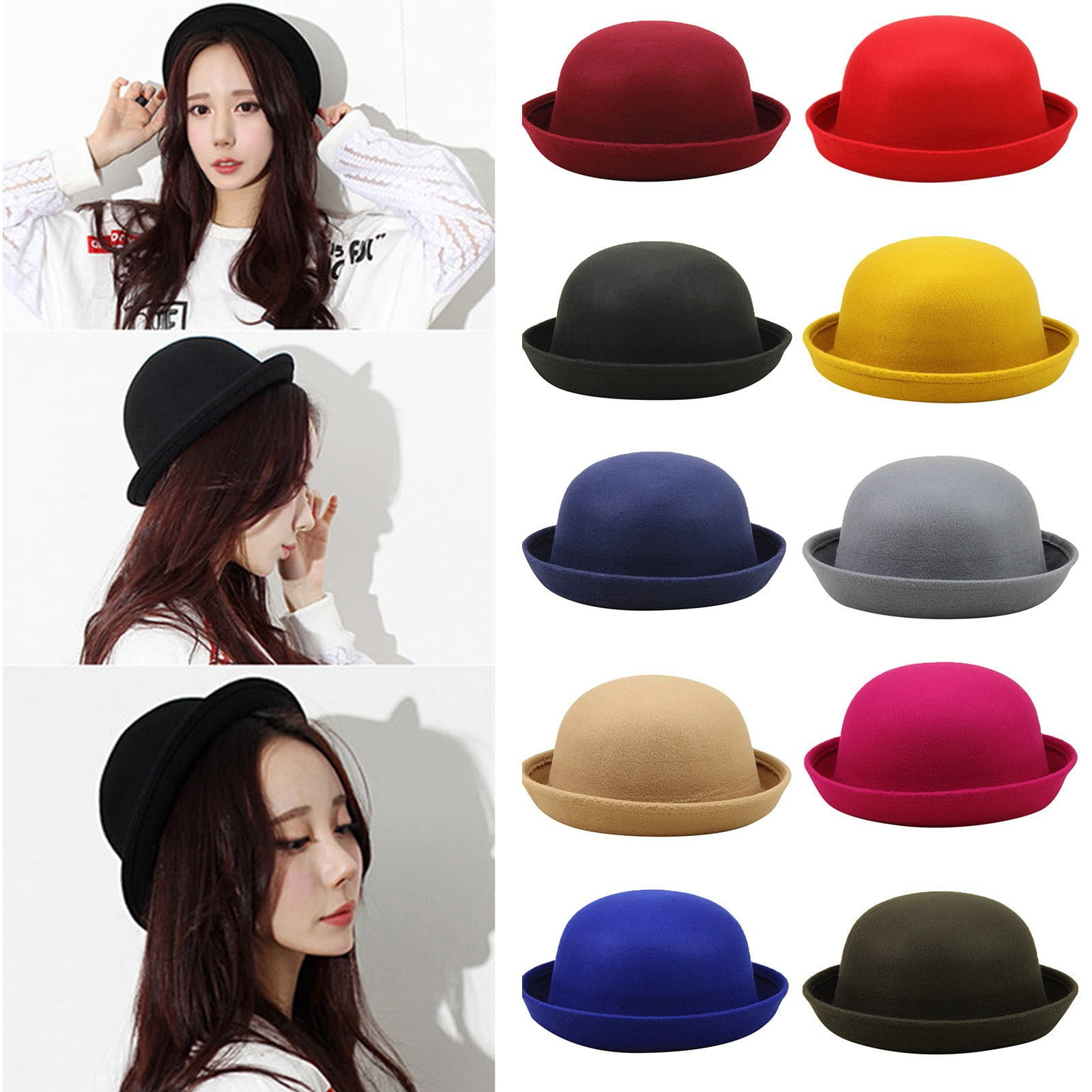 Classic Wool Bowler Hat for Adults Roll Up Brim Bucket Style Unisex ...