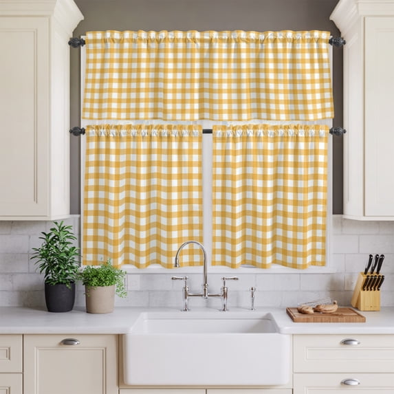 Classic Yellow White Grid Curtain Tier and Valance Set 3 Piece ...