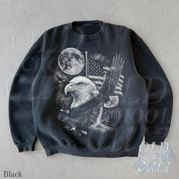Classic crewneck sweatshirt featuring a bald eagle, American flag, and ...