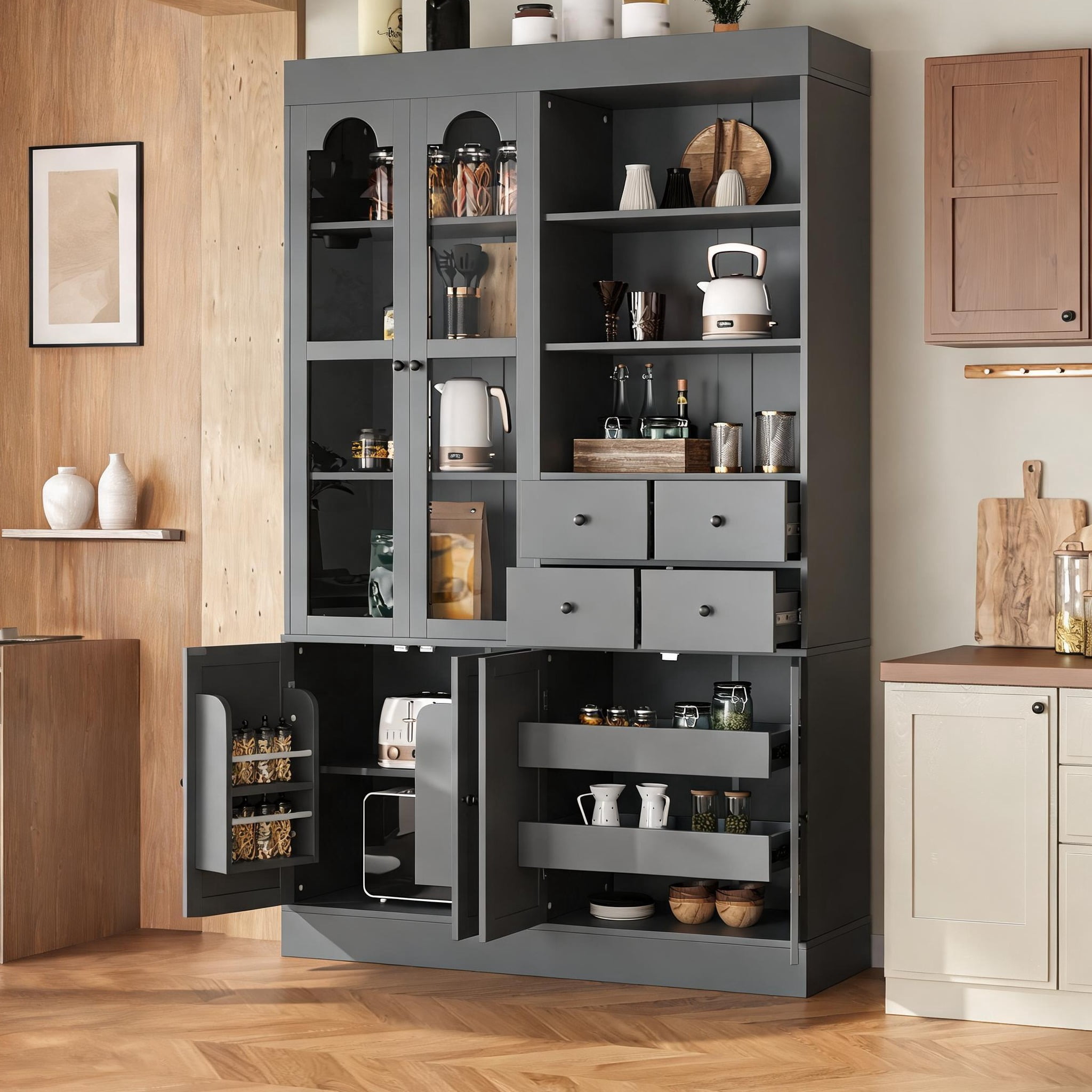 Classic gray MDF buffet with hutch, tall kitchen pantry cabinet with ...