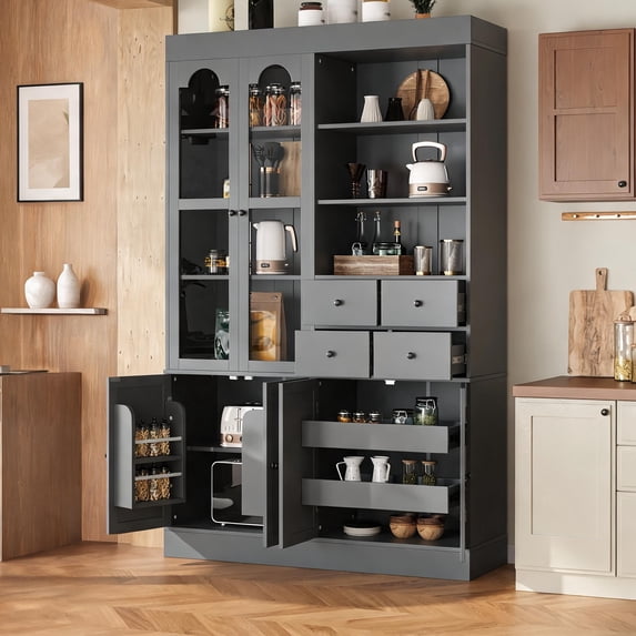 Classic gray MDF buffet with hutch, tall kitchen pantry cabinet with ...