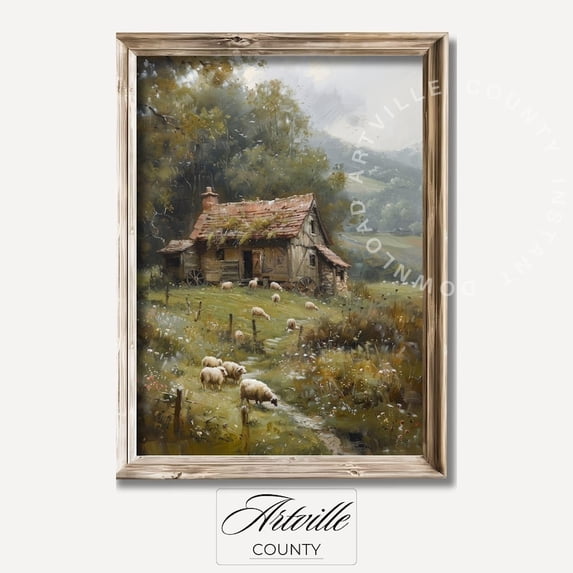 Classic rural landscape painting, depicting sheep grazing in a field ...