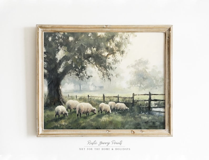 Classic-style sheep poster print: Country farm landscape 8x12 UNFRAMED ...