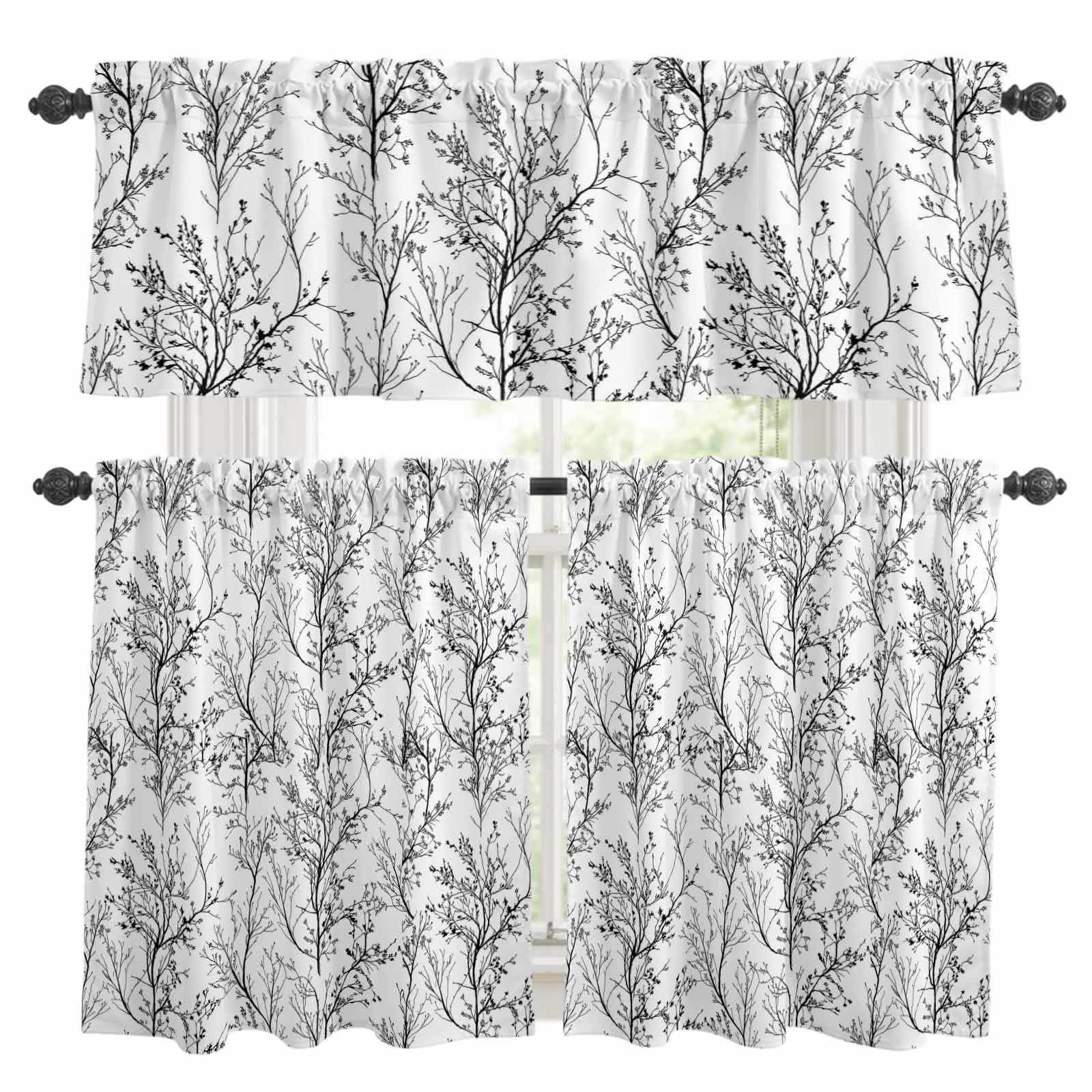 Classical Black White Kitchen Curtains Set for Windows, Tree Branch ...