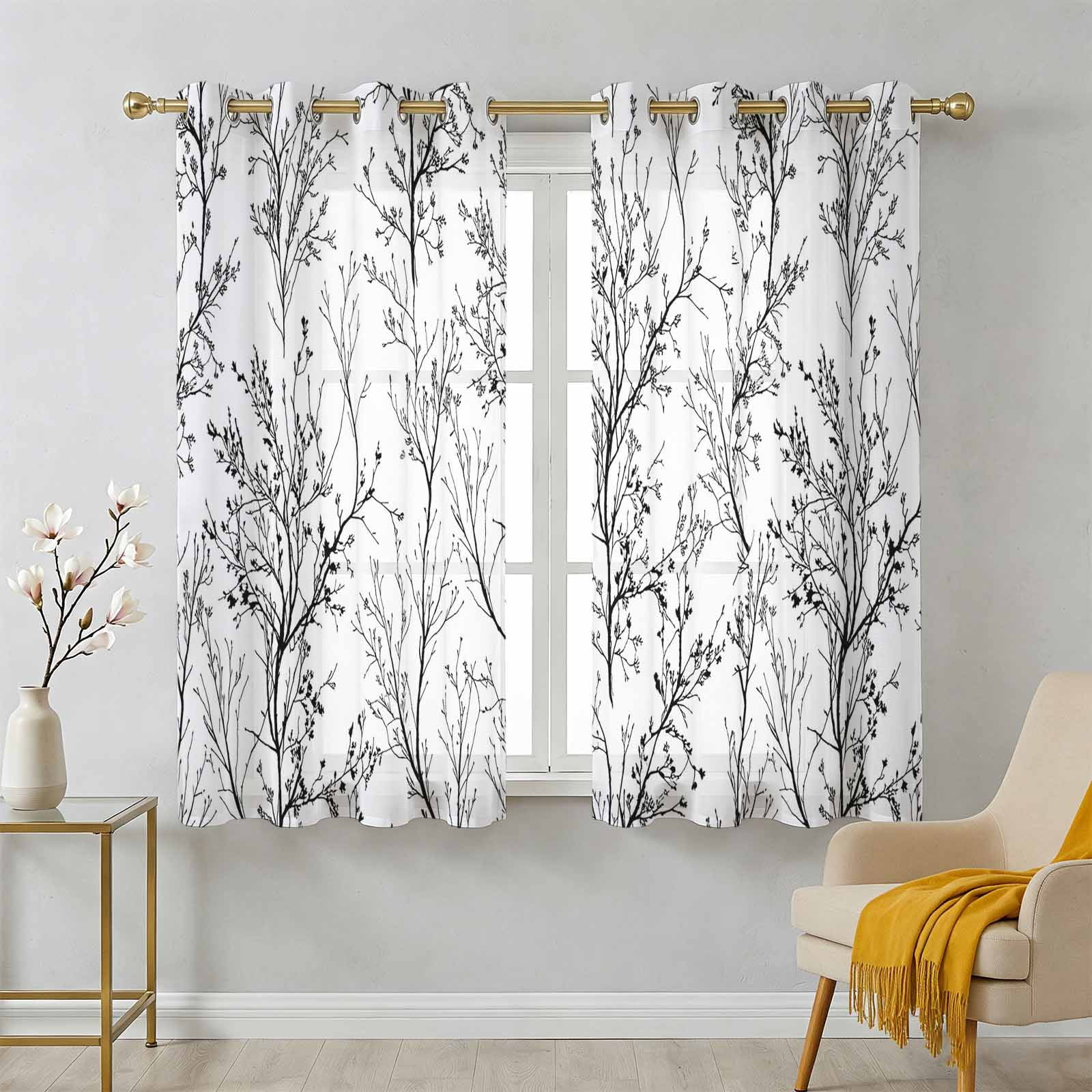Classical Black White Sheer Curtains 39 Inch Long 2 Panels, Tree Branch ...