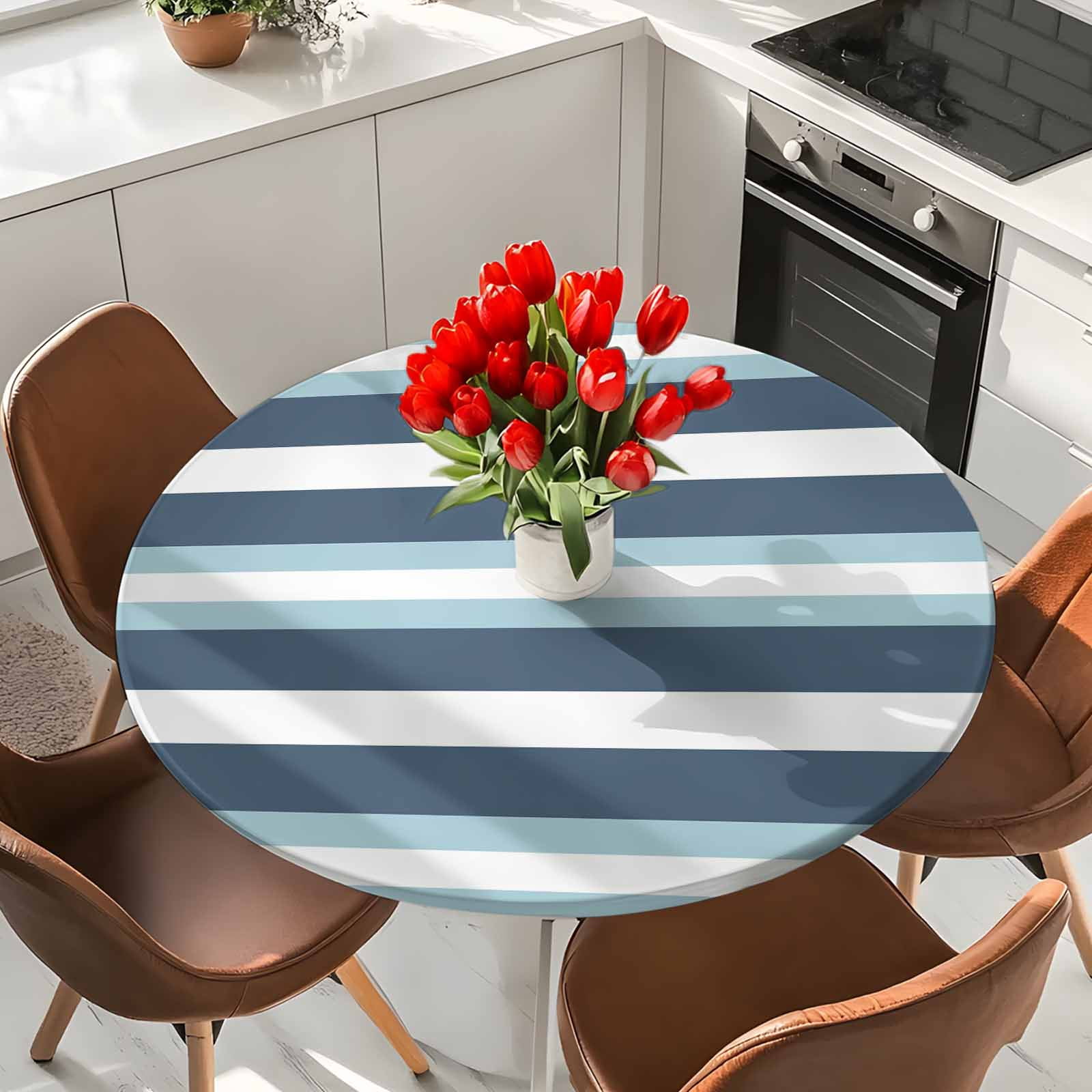 Classical Blue White Stripes Round Fitted Tablecloth with Elastic Edge ...