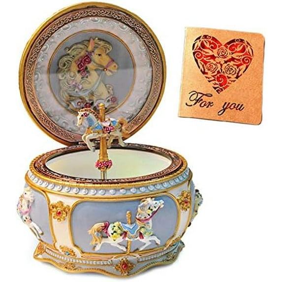 Classical Carousel Horse Music Box LED lights Twinkling Resin Carved Collectible Mechanical ...