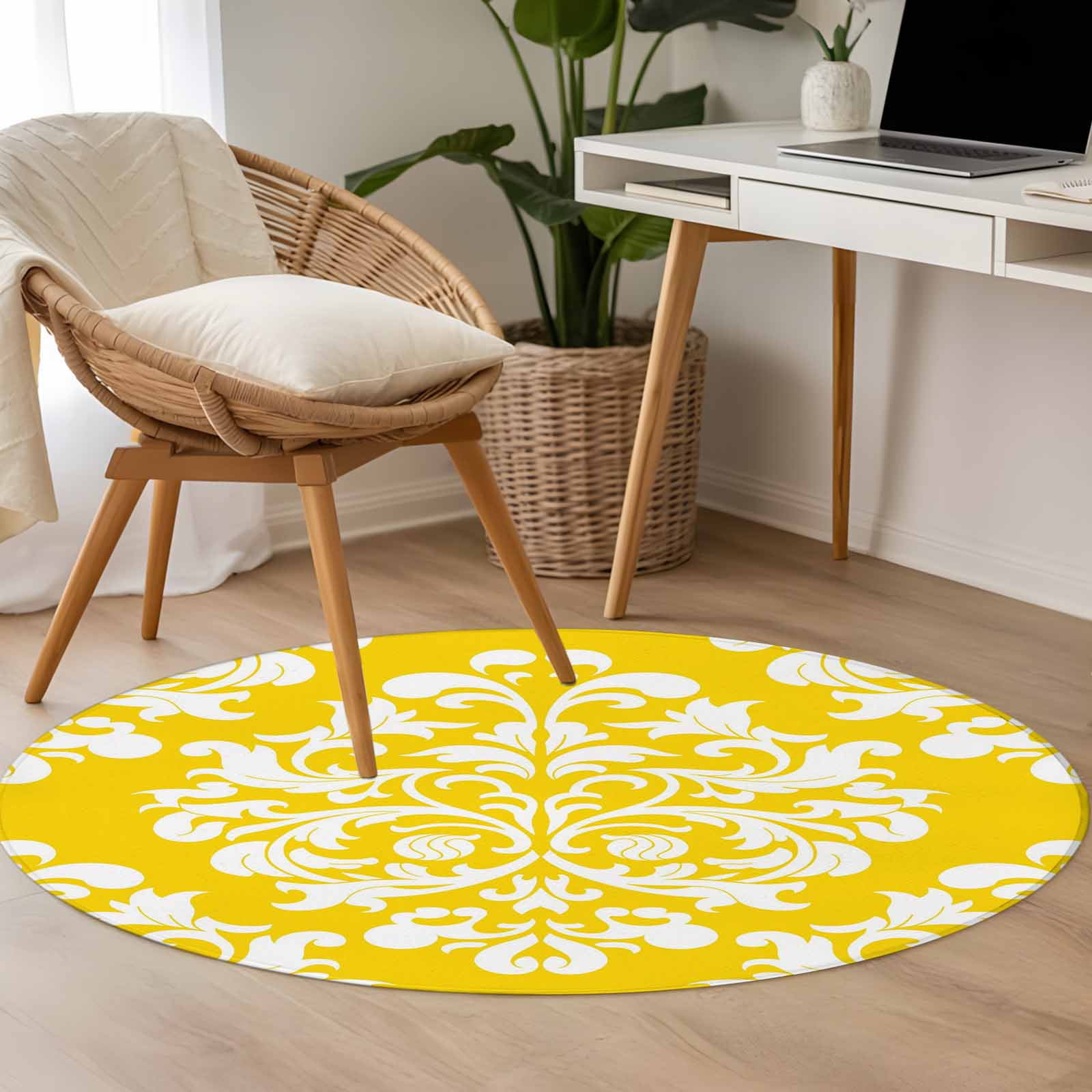 Classical Floral 3.3ft Round Rug for Bedroom Reading Corner, Yellow ...