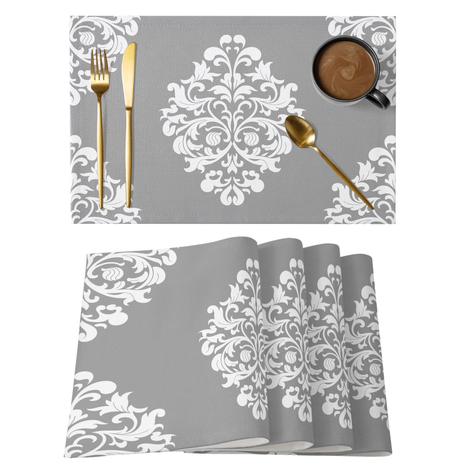 Classical Floral Cotton Linen Placemats Set of 12, Grey Retro ...