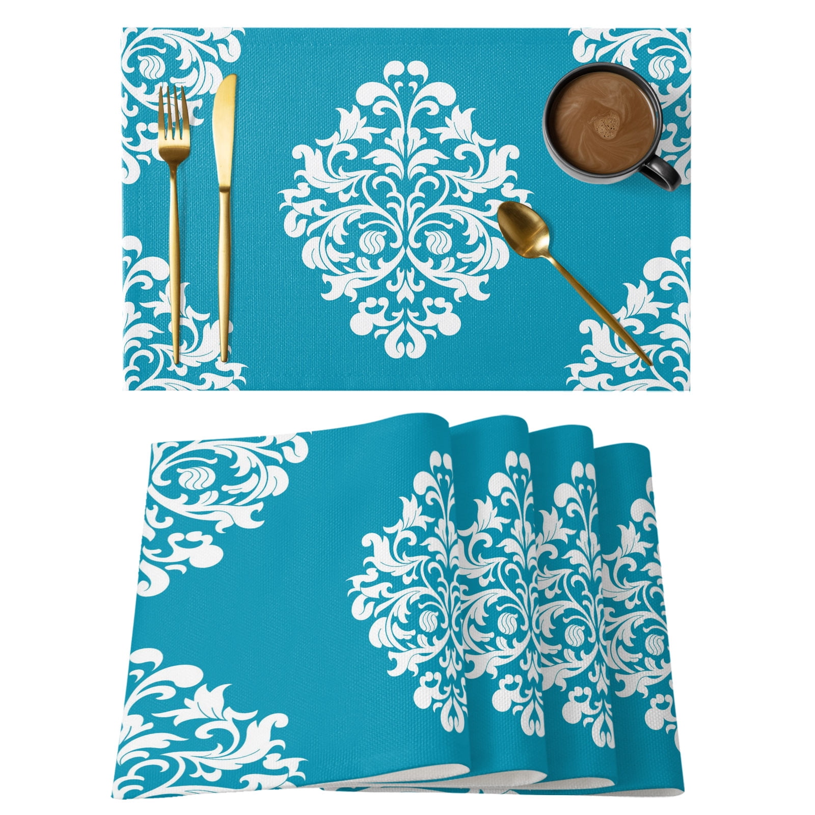 Classical Floral Cotton Linen Placemats Set of 2, Blue Retro ...