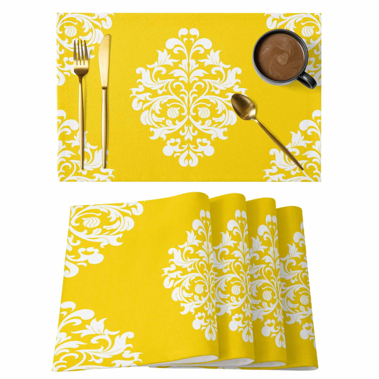 Classical Floral Cotton Linen Placemats Set of 4, Yellow Retro ...