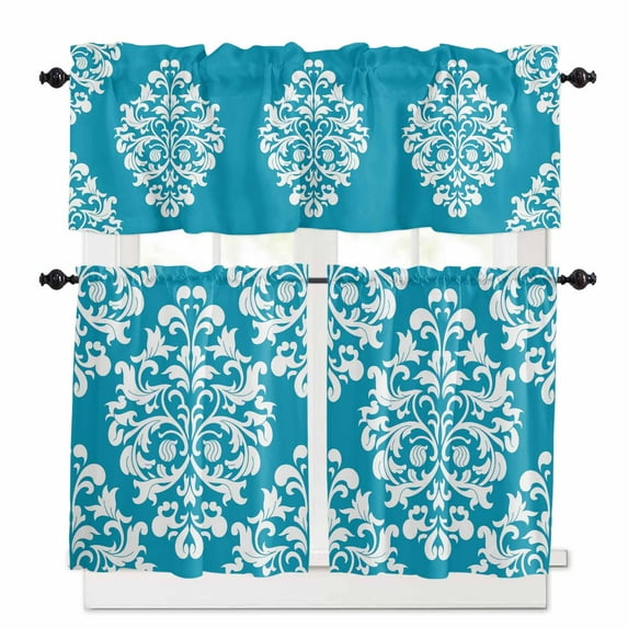 Classical Floral Kitchen Curtains Valance and Tier Set Blue Retro ...