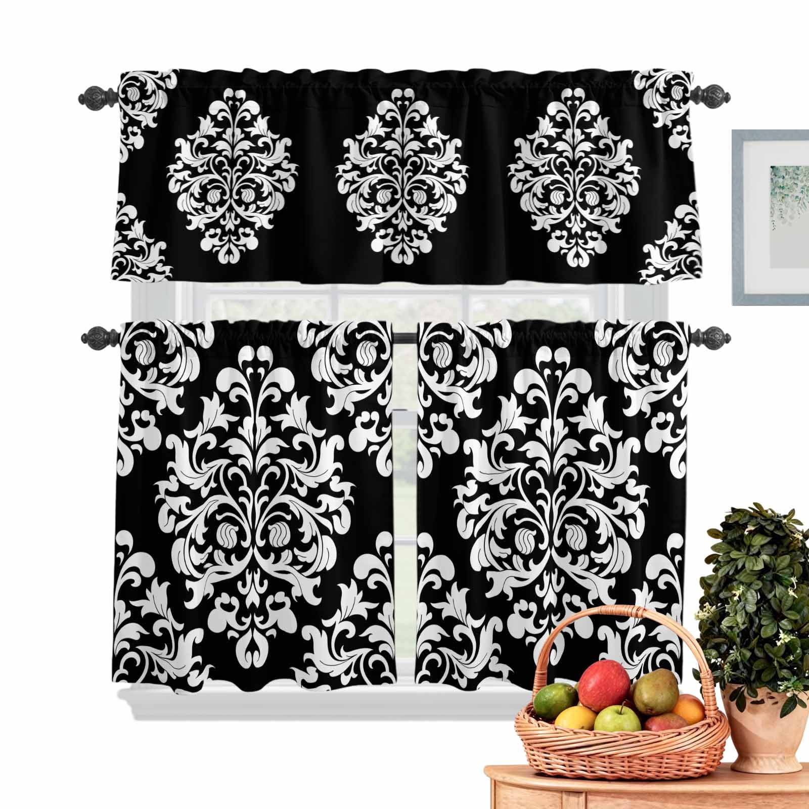Classical Floral Kitchen Curtains Valances 3 Piece Set, Black Retro ...