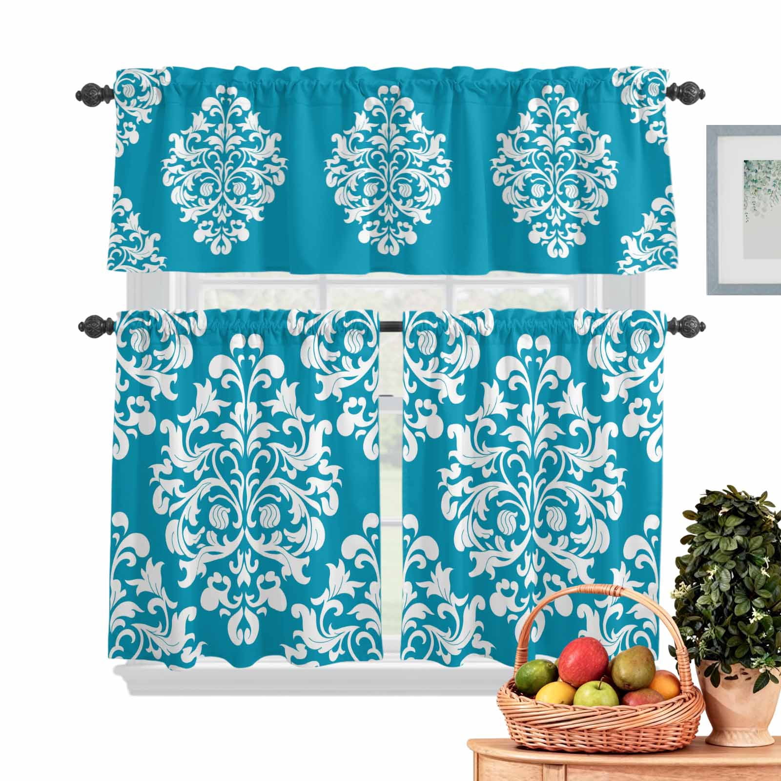 Classical Floral Kitchen Curtains Valances 3 Piece Set, Blue Retro ...