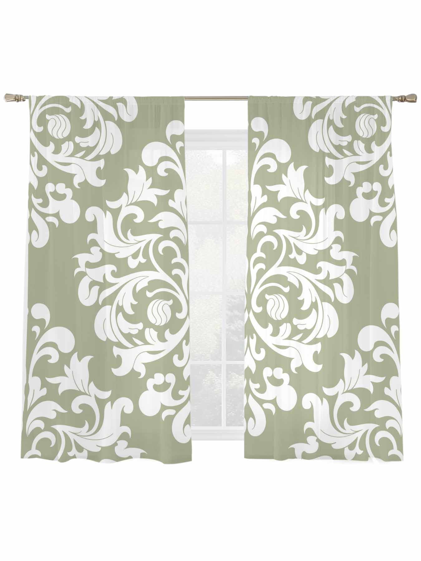 Classical Floral Sheer Curtains 2 Panels Set Retro Symmetrical Sage ...