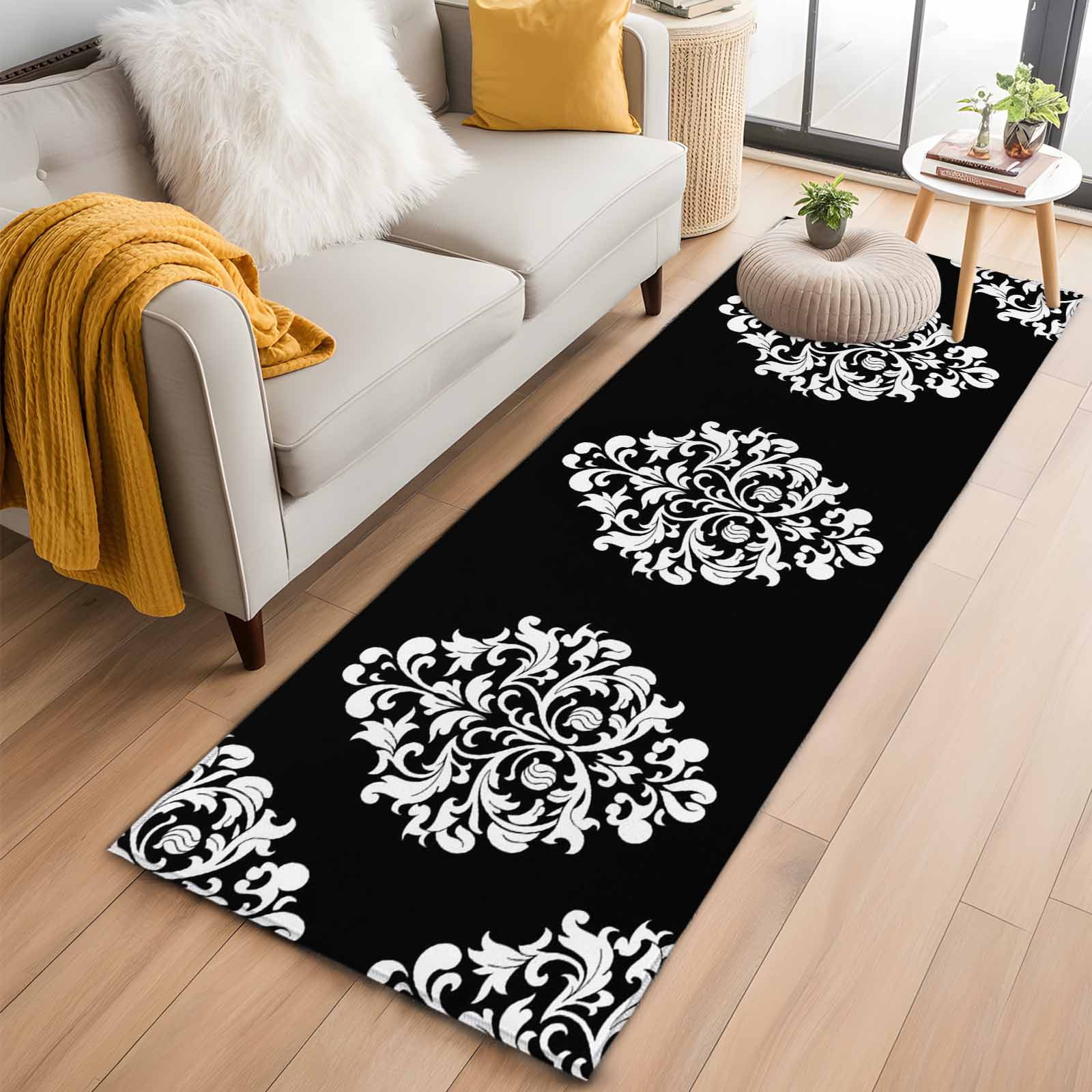 Classical Floral Washable Runner Rugs 2'x6', Black Retro Symmetrical ...