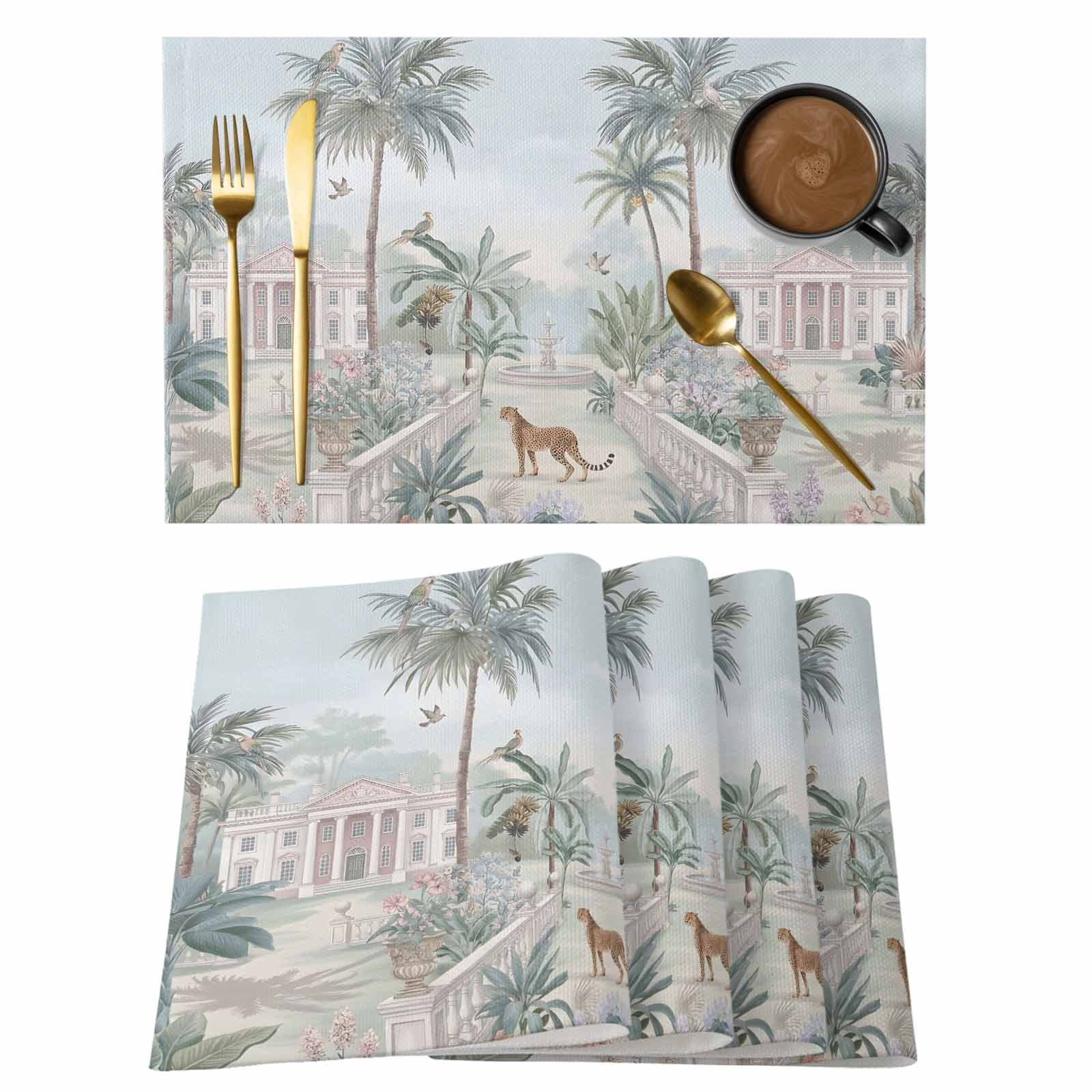 Classical Garden Cotton Linen Placemats Set of 2, Retro Palm Tree ...