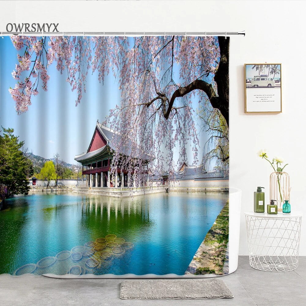 Classical Garden Scenery Shower Curtains Corridor Green Trees Pond ...