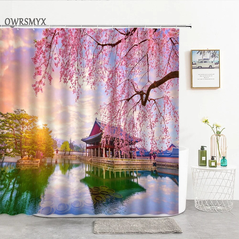 Classical Garden Scenery Shower Curtains Corridor Green Trees Pond ...