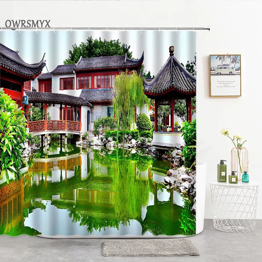 Classical Garden Scenery Shower Curtains Corridor Green Trees Pond