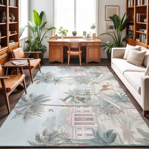 Classical Garden Washable Area Rug 6 x 9 ft Retro Palm Tree Floral ...
