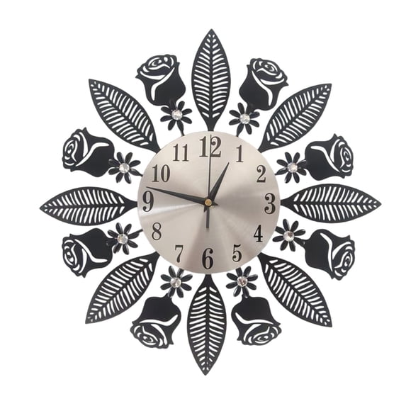 Classical Rose Pattern Wall Clock Metal Frame Quiet Movement Battery ...