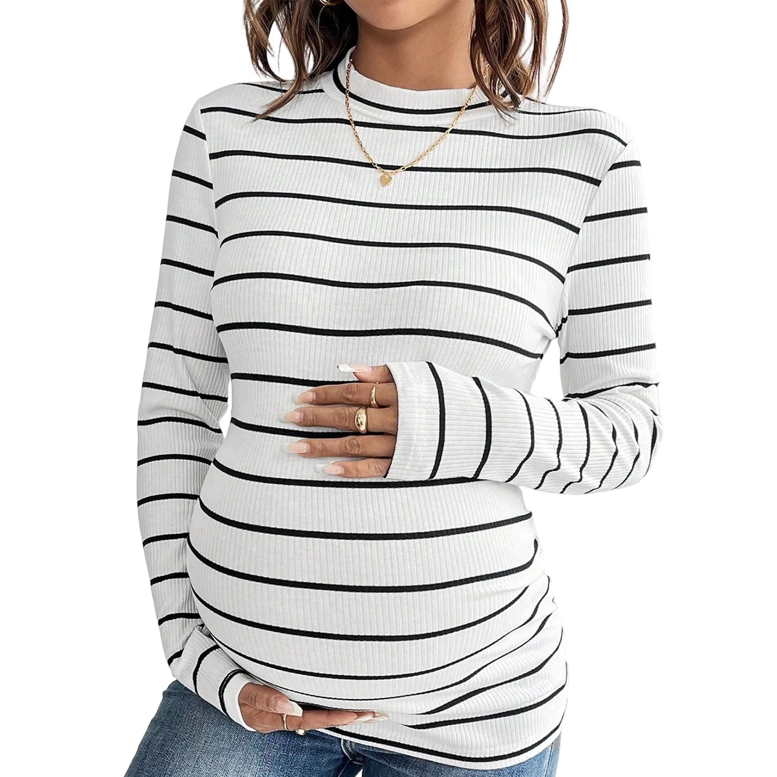 Classical Striped Pregnancy Shirt Elastic Cotton Polyester Long Sleeve ...
