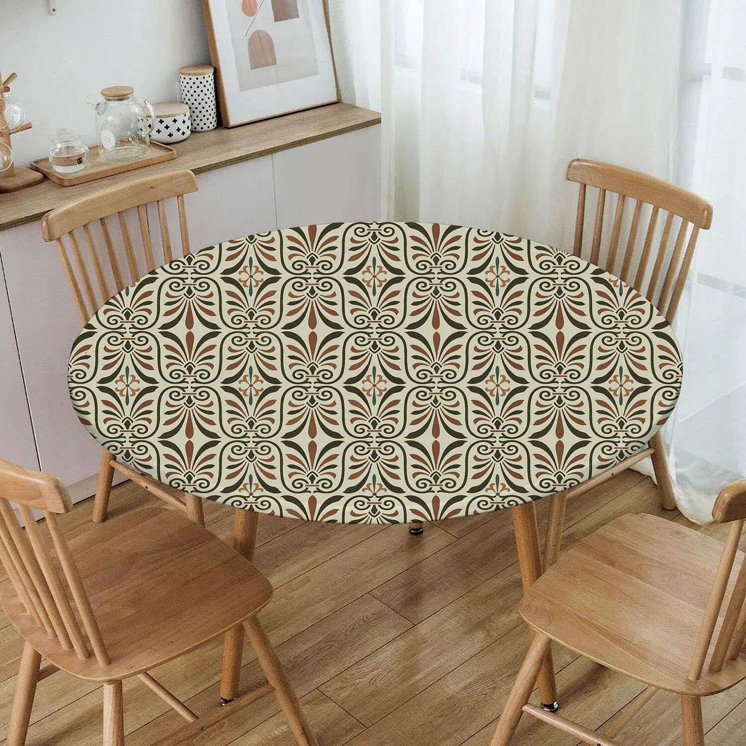 Classical Totem Round Fitted Tablecloth Greek Egyptian Geometric Art ...