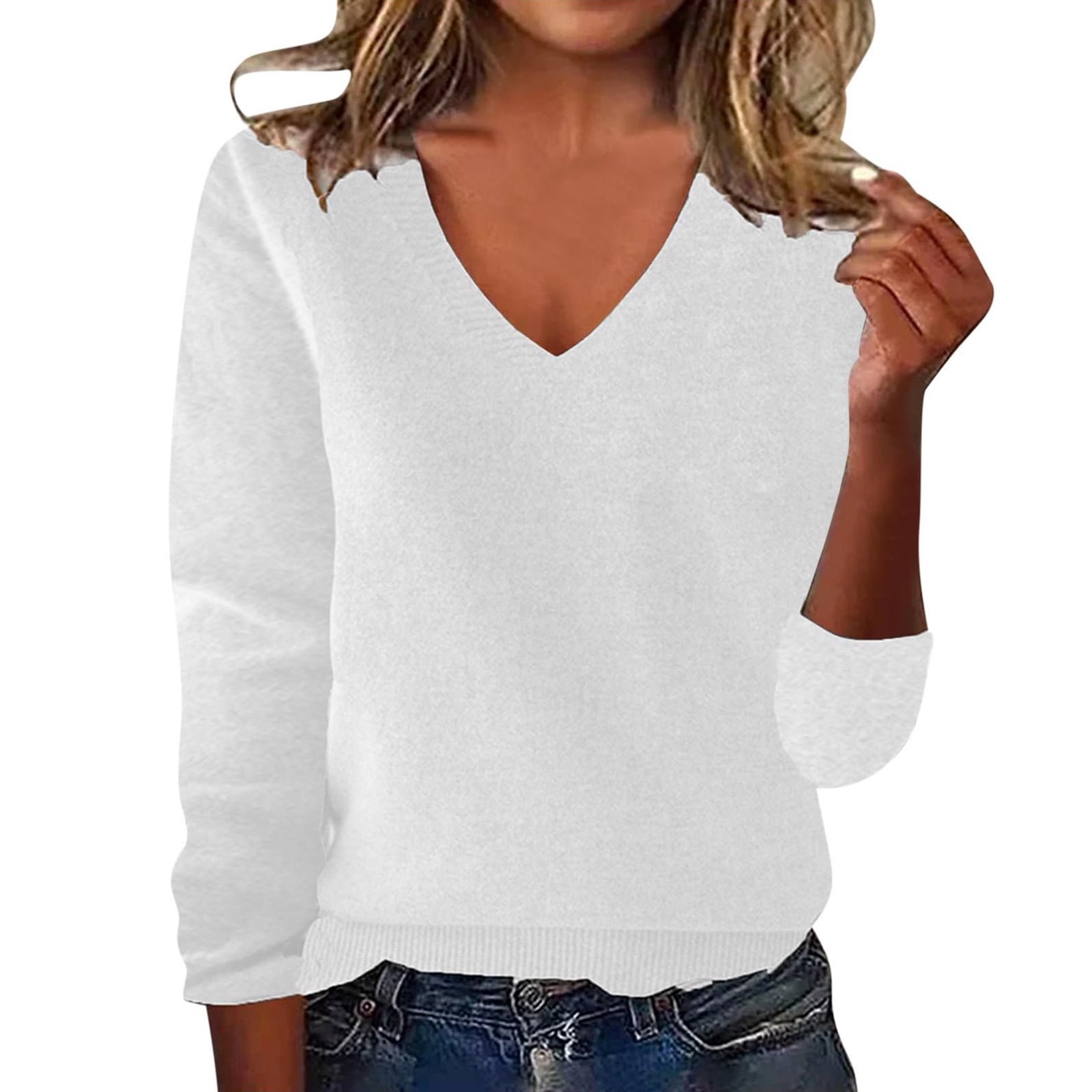 Classical V Neck Women's Sweater Lightweight Ribbed Knit Fabric Long ...