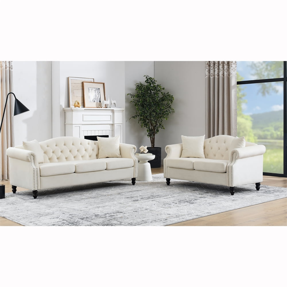 Classical Velvet Sofa, Tufted Couch with Buttons Design, Low Back Sofa ...