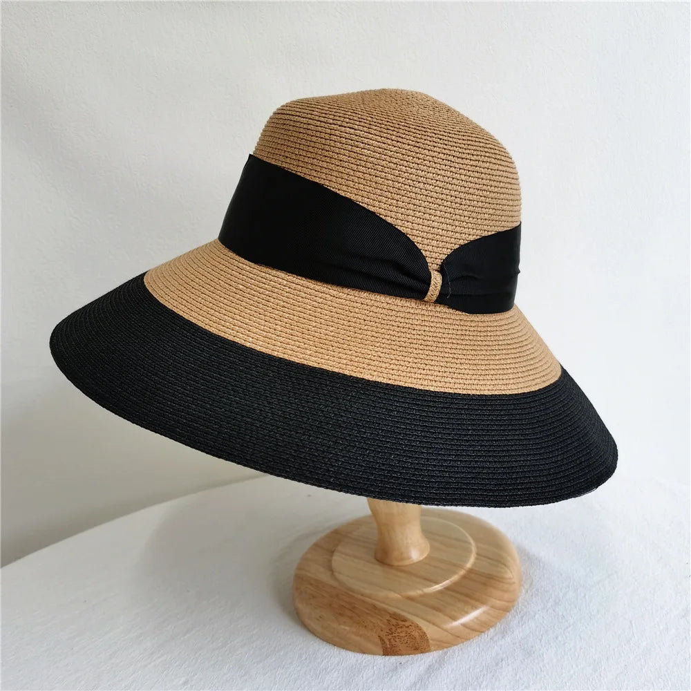 Classical Wide Brim Women Sun Hats Black Ribbon Band Summer Straw Hat ...