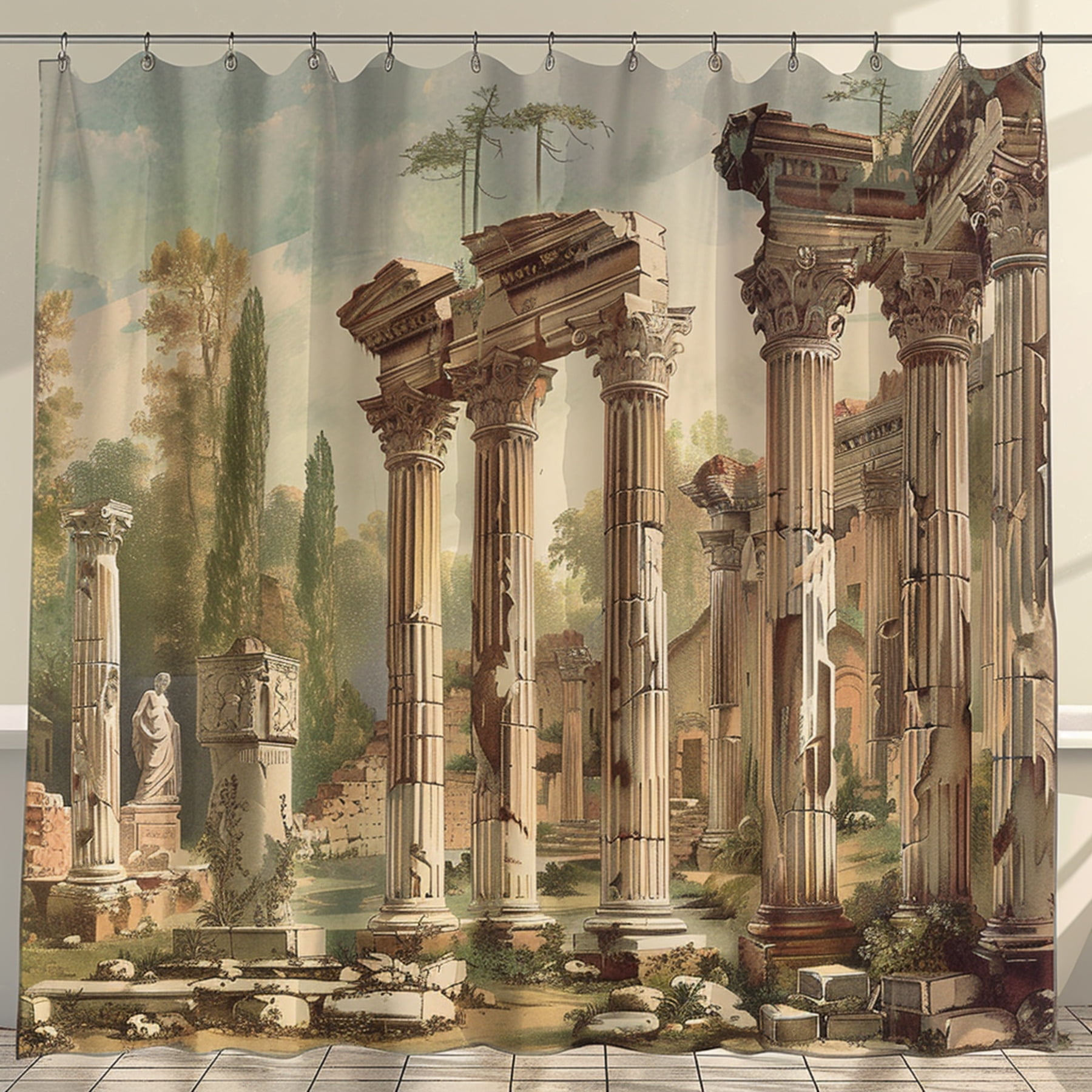 Classical antiquitythemed shower curtain with detailed depiction of ...