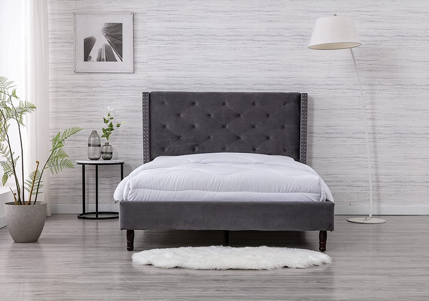 Classics Velour Grey 51" Tall Headboard Platform Bed with Slats Queen ...