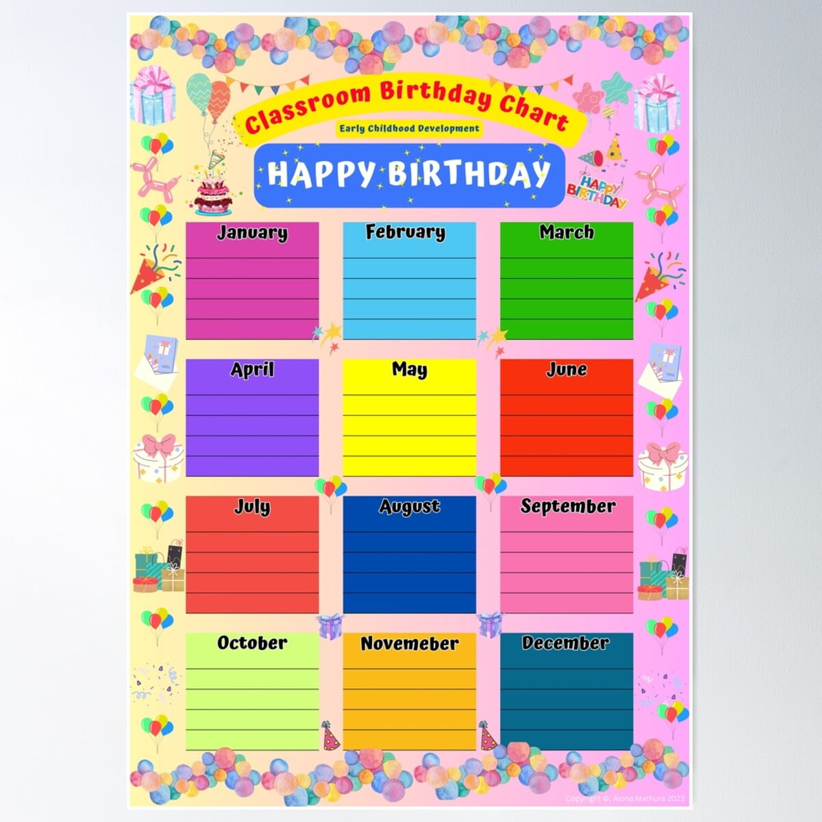 Classroom Birthday Poster/Chart For Early Childhood Development Phase ...