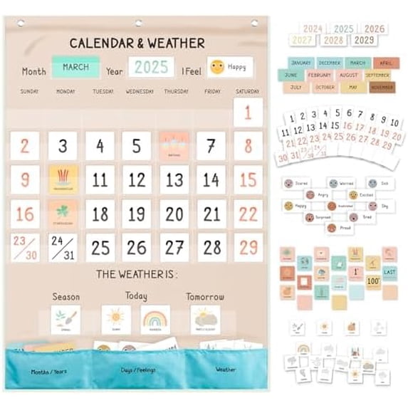 Classroom Boho Calendar & Weather Pocket Chart with 111 Cards, Circle ...
