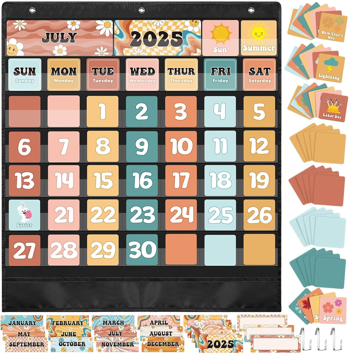 Classroom Calendar Pocket Chart Retro Groovy Bulletin Board Set Boho ...