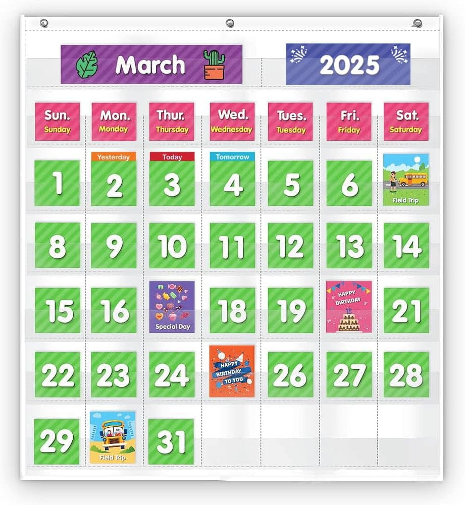 Classroom Monthly Calendar Pocket Chart with 71 Cards for Kids Learning ...