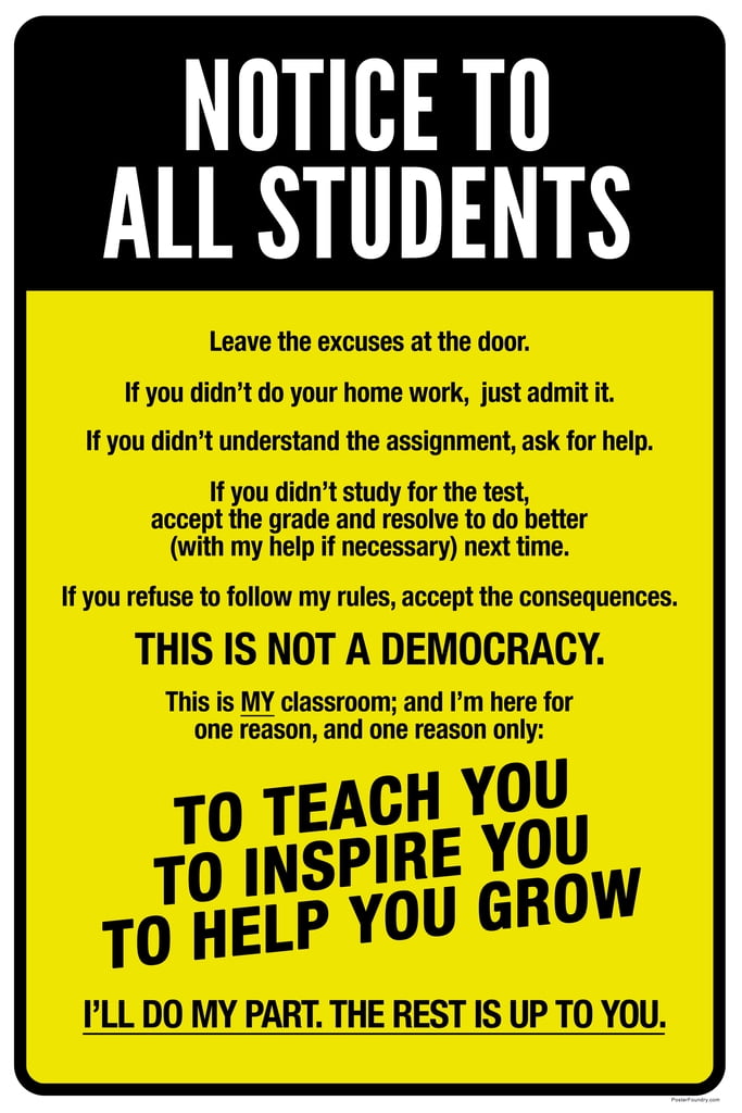 Classroom Rules Poster High School Supplies For Teachers Yellow Sign Notice To All Students ...