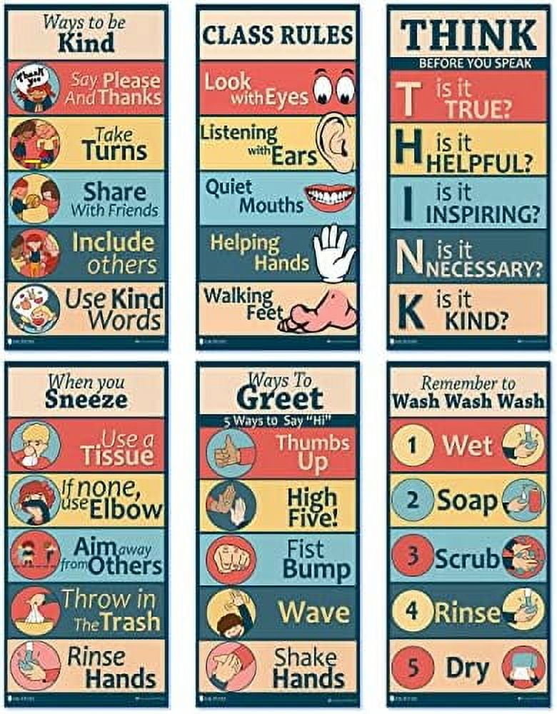 Classroom Rules posters 6 pack of etiquette school signs (11x24) Young ...