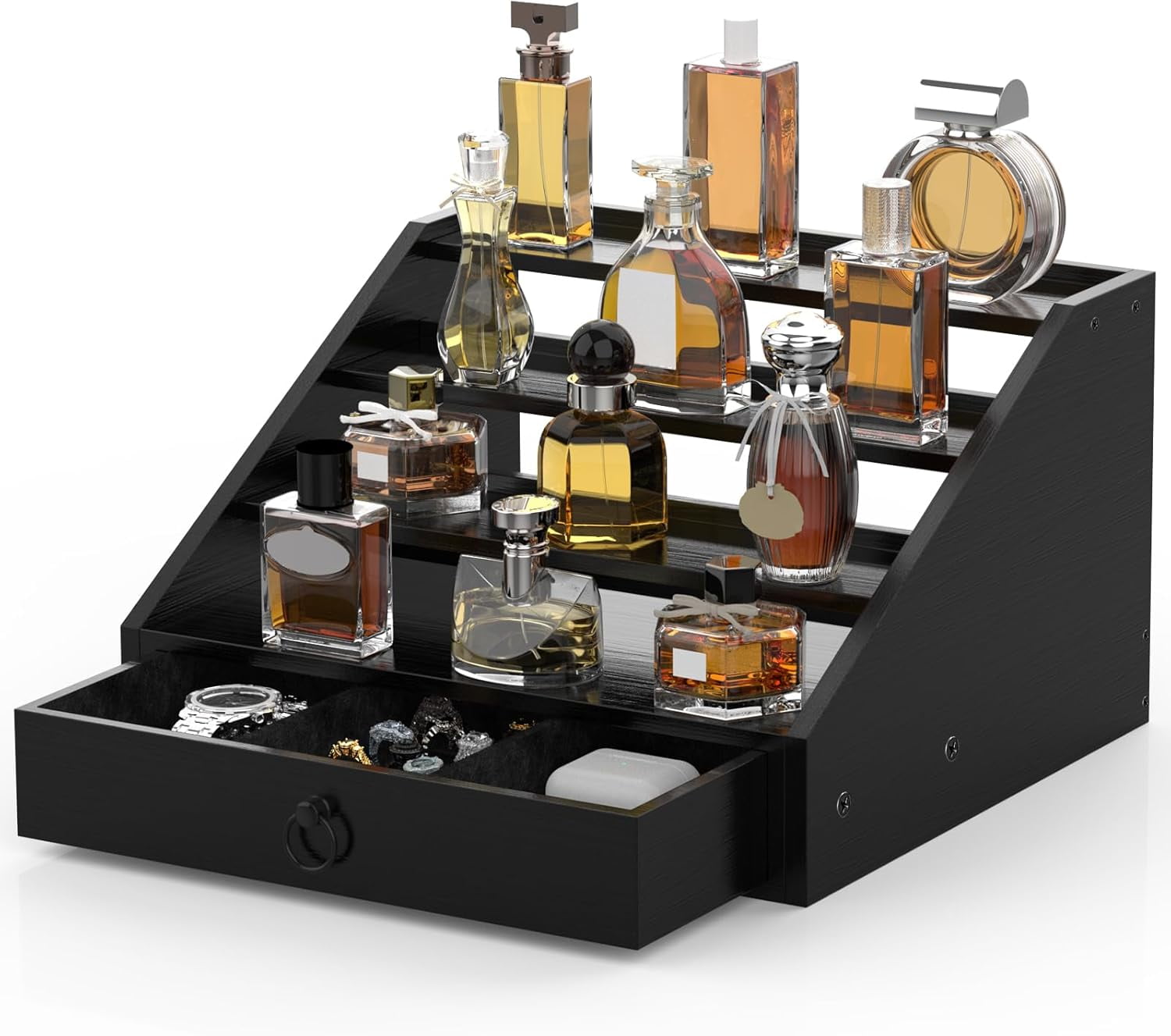 Classy Black Wooden Cologne Organizer for Men, 4 Tier Cologne Display ...
