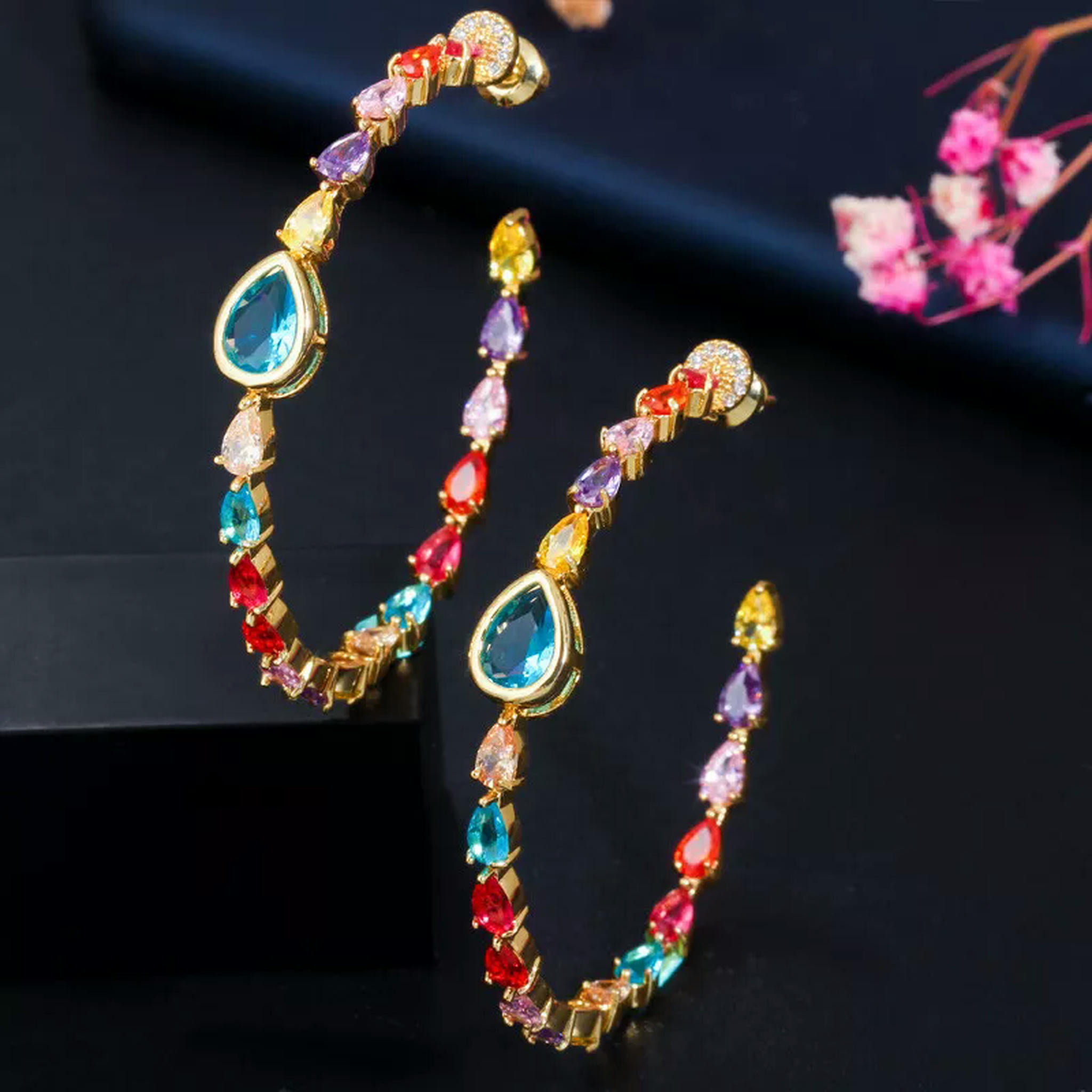 Classy CZ Multicolor Rainbow Big Drop Round Hoop Earrings for Female ...