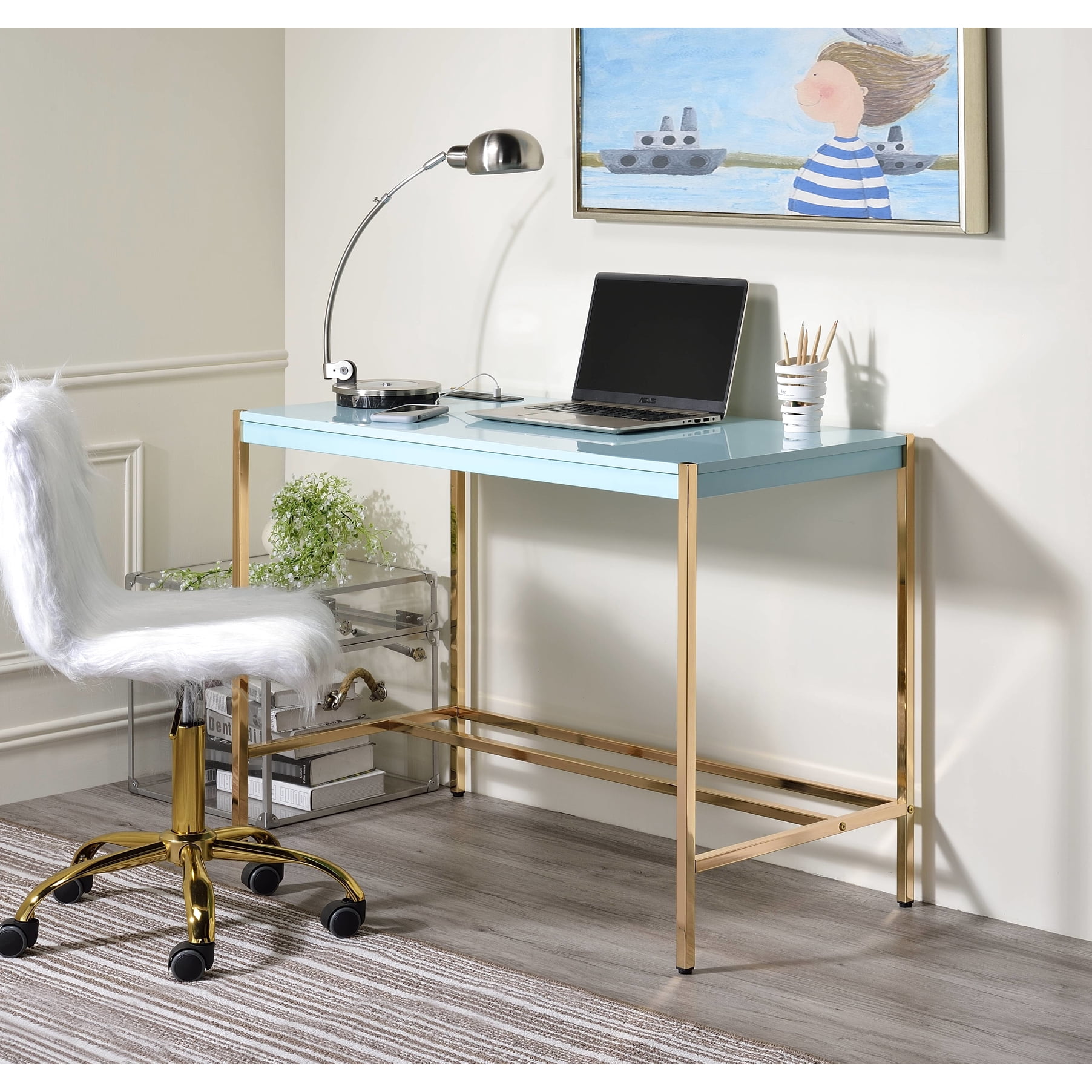 Classy Desk In Blue & Gold With Socket Writing Finish And Feature ...