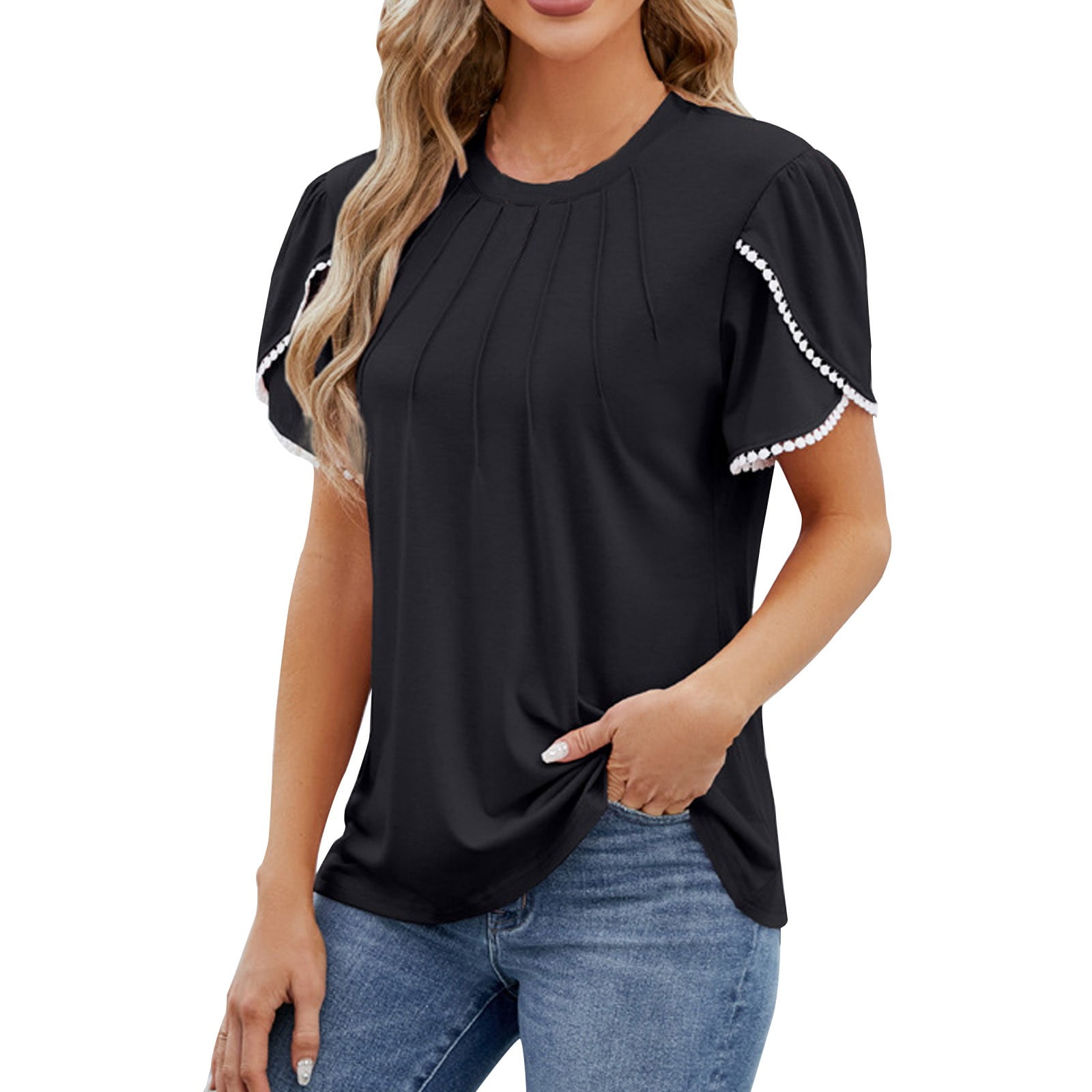 Classy Dressy T-Shirt for Women Trendy Petal Sleeves T-Shirts Plain ...